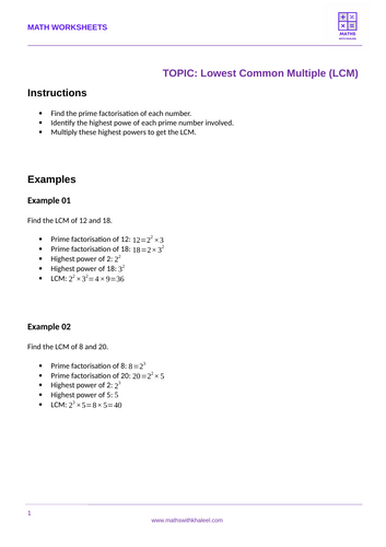 Worksheet: Lowest Common Multiple (LCM) | Teaching Resources
