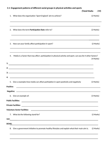 OCR GCSE PE - Paper 2 - 3.1 Engagement Patterns | Teaching Resources