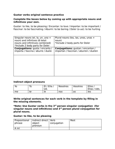 Gustar verbs original sentence practice | Teaching Resources