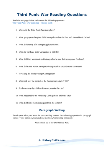 Third Punic War Reading Questions Worksheet | Teaching Resources