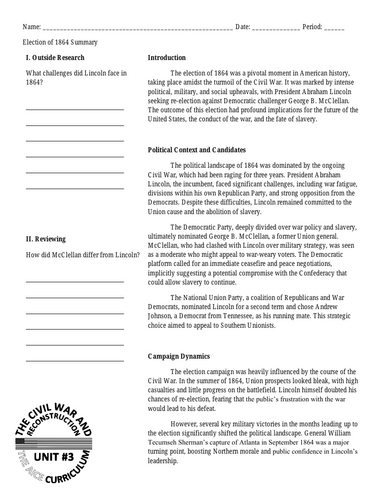 Election of 1864 Summary | Teaching Resources
