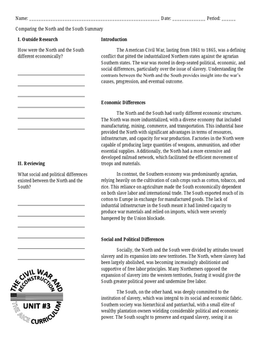 North vs South during the Civil War Summary | Teaching Resources