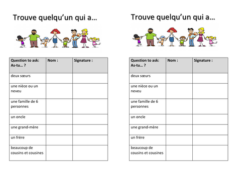 La famille- Trouve quelqu'un qui... (French family group activity ...