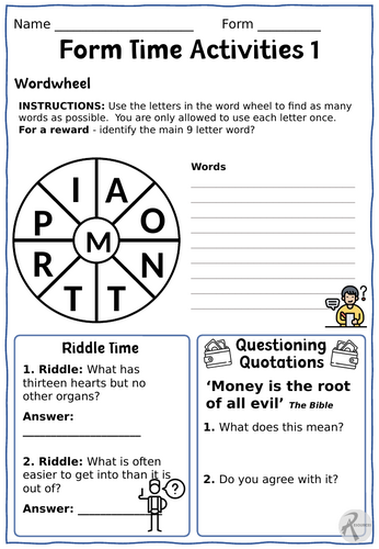 Tutor / Form Time Activity Sheets - Pack of 20 (KS2/3/4) PACK 1 ...