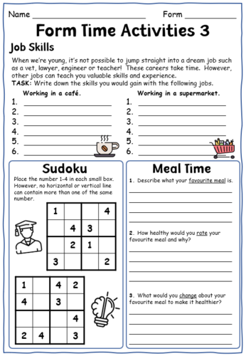 Tutor / Form Time Activity Sheets - Pack of 20 (KS2/3/4) PACK 1 ...