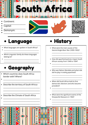 Country Study Worksheets on South Africa | Teaching Resources