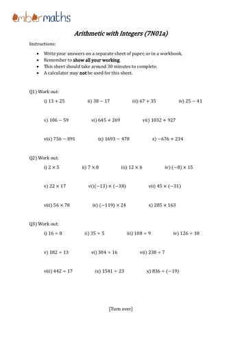 Year 7 Maths Worksheet - Arithmetic with Integers (Answers Included ...
