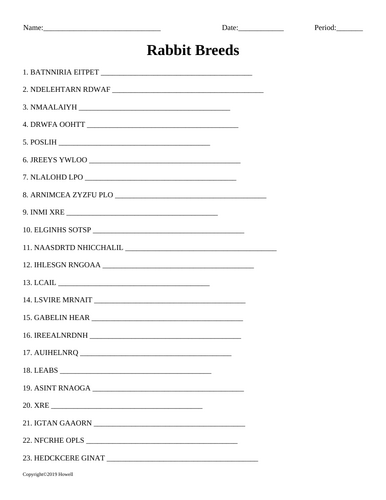 Rabbit Breeds Word Scramble for Small Animal Science Students ...