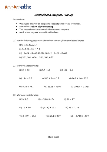 Year 7 Maths Worksheet - Decimals and Integers (Answers Included ...