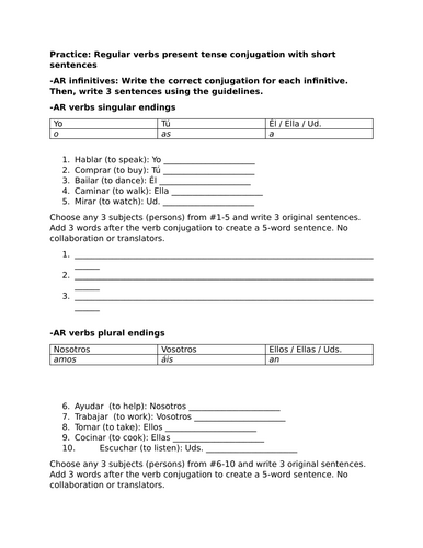 Practice: Regular verbs present tense conjugation with short sentences ...