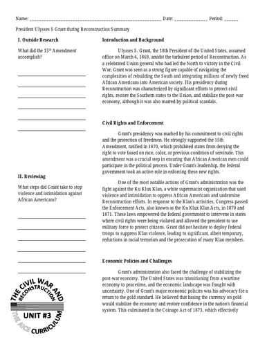 President Ulysses Grant during Reconstruction Summary | Teaching Resources