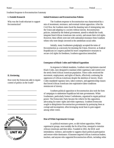 Southern Response to Reconstruction Summary | Teaching Resources