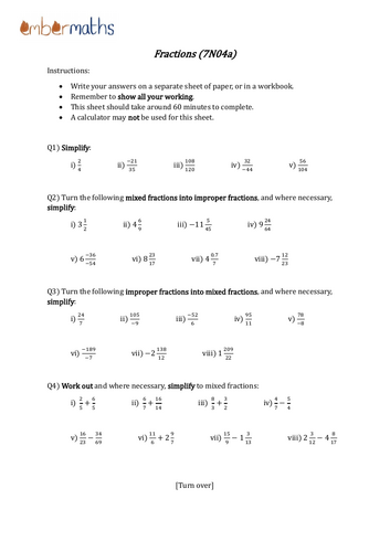 Year 7 Maths Worksheet - Fractions (Answers Included) | Teaching Resources