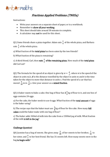 Year 7 Maths Worksheet - Fractions Applied Problems (Answers Included ...