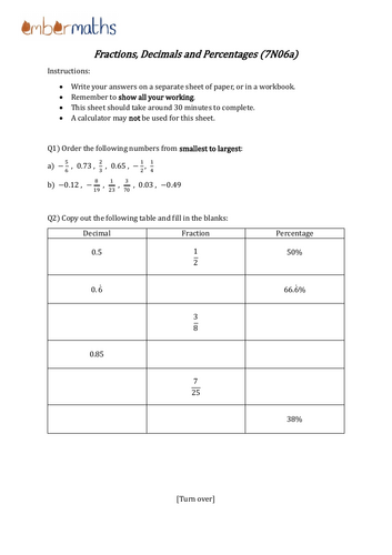 Year 7 Maths Worksheet - Fractions, Decimals and Percentages (Answers ...
