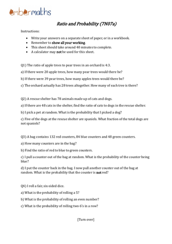 Year 7 Maths Worksheet - Ratio and Probability (Answers Included ...