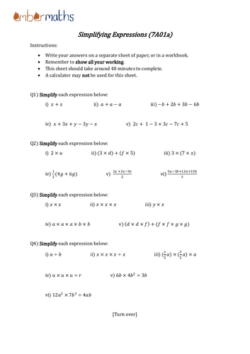 Year 7 Maths Worksheet - Simplifying Expressions (Answers Included ...