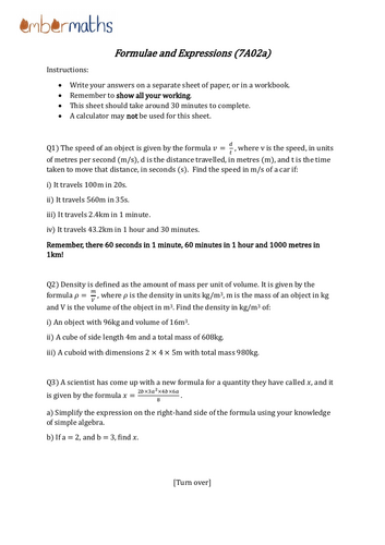 Year 7 Maths Worksheet - Formulae and Expressions (Answers Included ...