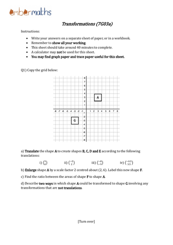 Year 7 Maths Worksheet - Transformations (Answers Included) | Teaching ...