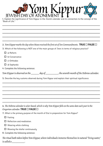 Yom Kippur Reading Activites | Teaching Resources