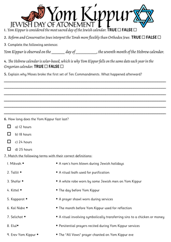 Yom Kippur Reading Activites | Teaching Resources