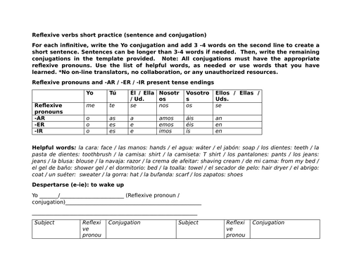 Reflexive verbs short practice (sentence and conjugation) | Teaching ...