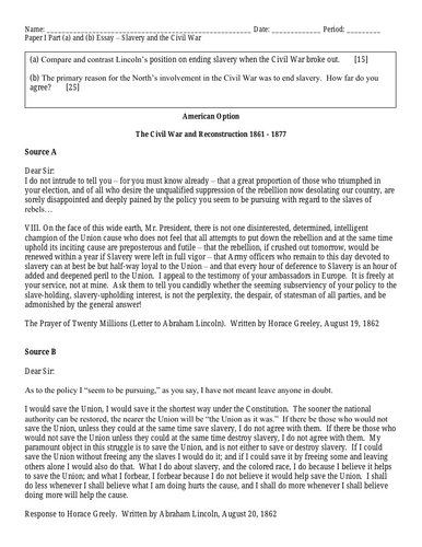 Paper 1 Slavery and the Civil War | Teaching Resources