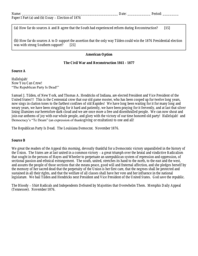 Paper 1 Election of 1876 | Teaching Resources