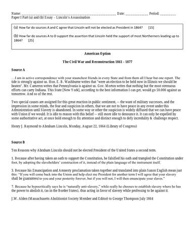Paper 1 Lincoln and the Election of 1864 | Teaching Resources