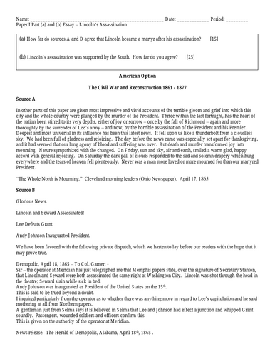 Paper 1 Lincoln's Assassination | Teaching Resources