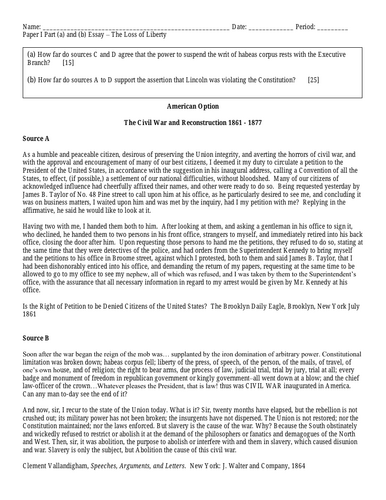 Paper 1 The Loss of Liberty during the Civil War | Teaching Resources