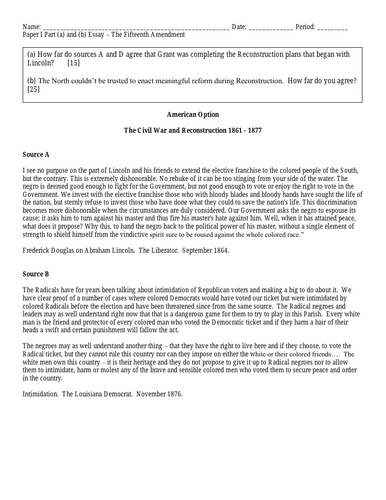 Paper 1 The Fifteenth Amendment | Teaching Resources