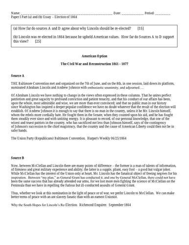 Paper 1 The Election of 1864 | Teaching Resources