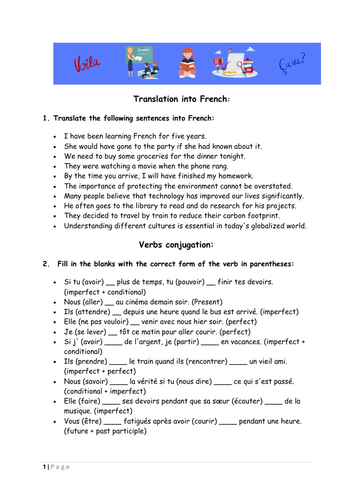 French A level Grammar Revision Worksheet, different tenses ...