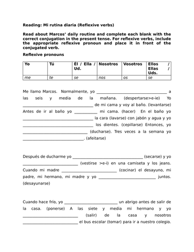 Reading: Mi rutina diaria (Reflexive verbs) | Teaching Resources