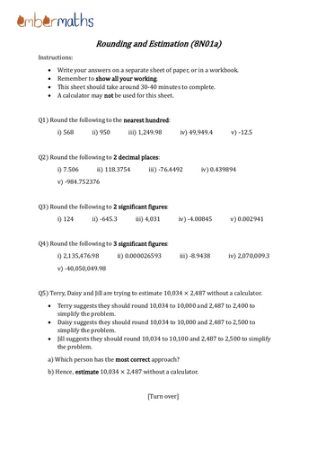 Year 8 Maths Worksheet - Rounding and Estimation (Answers Included ...