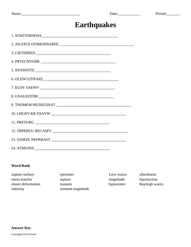 Earthquakes Word Scramble for Geology Students | Teaching Resources