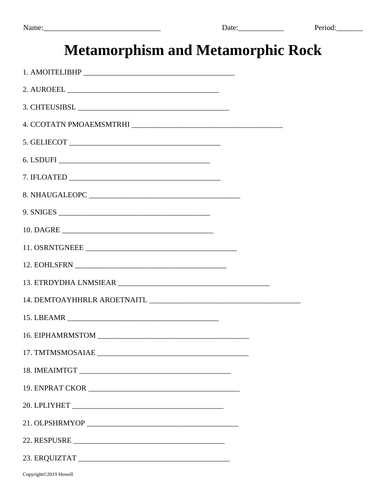 Metamorphism and Metamorphic Rock Word Scramble for Geology Students ...