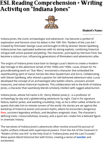 ESL Reading Comprehension + Writing Activity Worksheets on Indiana ...