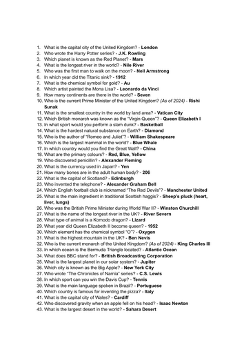 End of Term General Knowledge Quiz 1 - 50 Questions Suitable for KS4 ...
