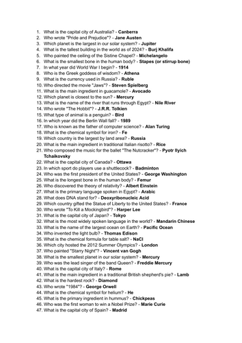 End of Term General Knowledge Quiz 2 - 50 Questions Suitable for KS4 ...