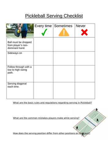 Pickleball serving peer assessment sheet | Teaching Resources