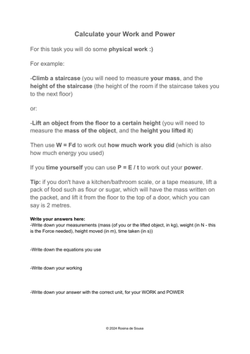 Energy, Work and Power Practical Worksheets KS4 | Teaching Resources