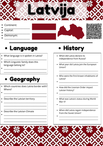 Country Study Worksheets on Latvia - Europe | Teaching Resources