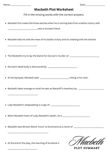 Macbeth Plot Summary Worksheet | Teaching Resources