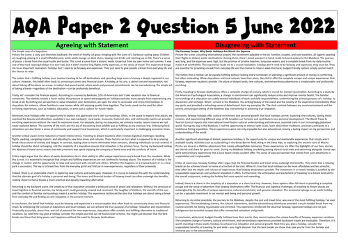 AQA Language Paper 2 June 2022 Model Answer Booklet | Teaching Resources