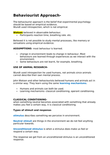 AQA A Level- Approaches in Psychology Notes | Teaching Resources