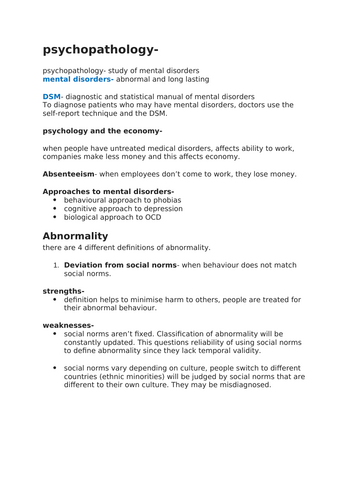 AQA A Level Psychology- Psychopathology NOTES | Teaching Resources
