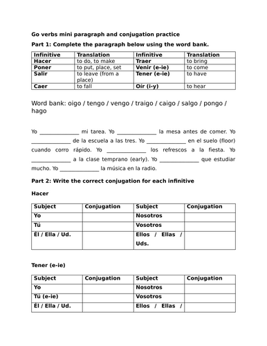 Go verbs mini paragraph and conjugation practice | Teaching Resources