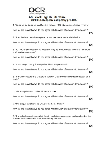 Measure for Measure - William Shakespeare (play) A Level Literature ...